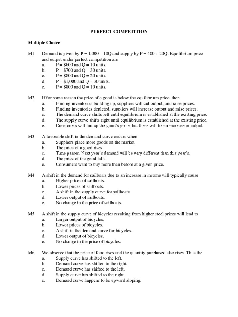 Perfect Competition: Key Concepts & Questions | PDF | Demand | Perfect Competition