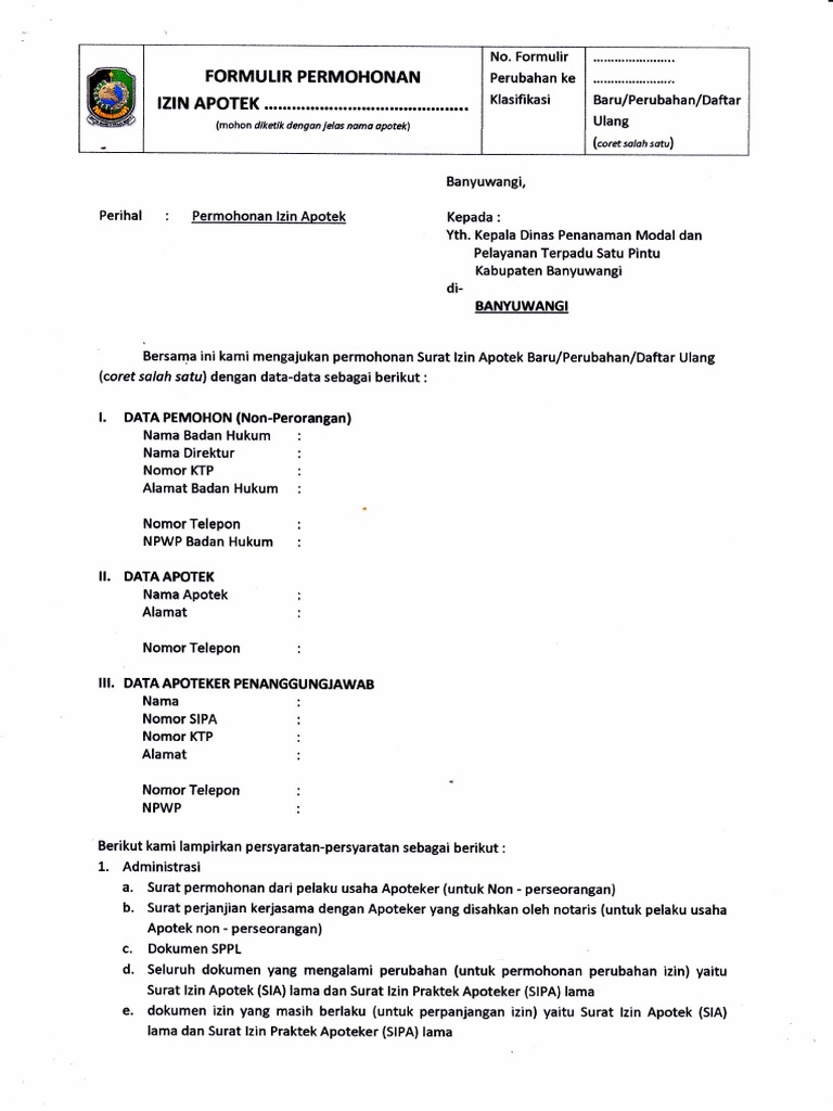 Form Permohonan Izin Apotek Non Perseorangan | PDF