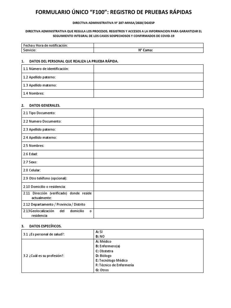 F100 - Formato Registro de Pruebas Rapidas | PDF | Medicina CLINICA ...