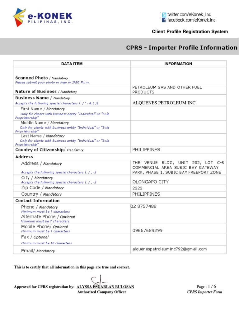 CPRS - Importer Profile Information: Client Profile Registration System | PDF | Fax | Business