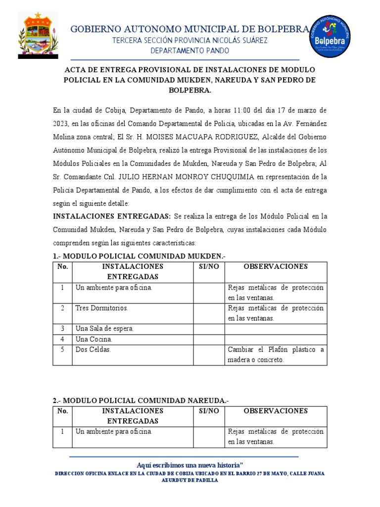 Acta de Entrega Modulos Policias Mukden Nareuda San Pedro | PDF | Gobierno