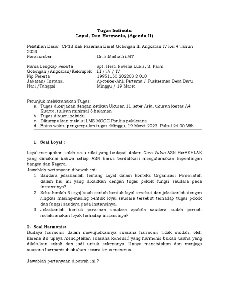 Tugas Individu Loyal, Dan Harmonis, (Agenda II) | PDF