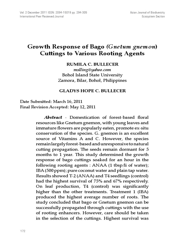 Growth Responseof Bago Gnetumgnemon Cuttingsto Various Rooting Agents | PDF | Analysis Of ...