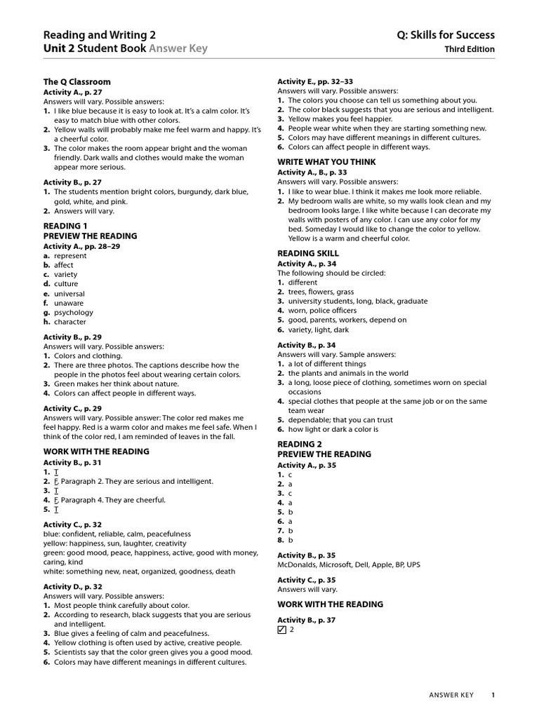 Q3e RW2 U02 AnswerKey | PDF | Color
