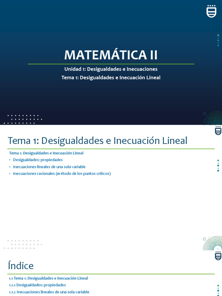 Matemática Ii: Unidad 1: Desigualdades e Inecuaciones Tema 1: Desigualdades e Inecuación Lineal ...