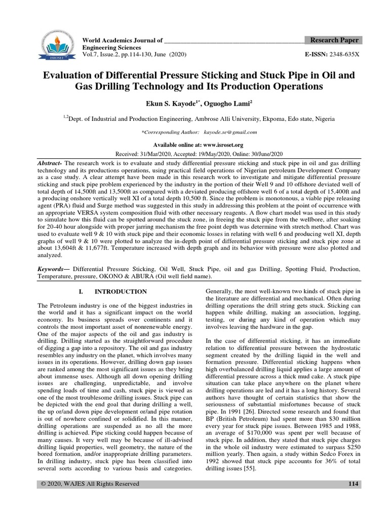 Evaluation of Differential Pressure Sticking and Stuck Pipe in Oil and ...