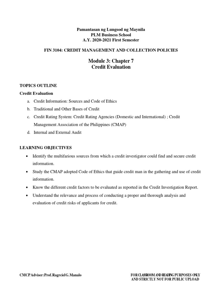 Module 3: Chapter 7 Credit Evaluation | PDF | Loans | Debt