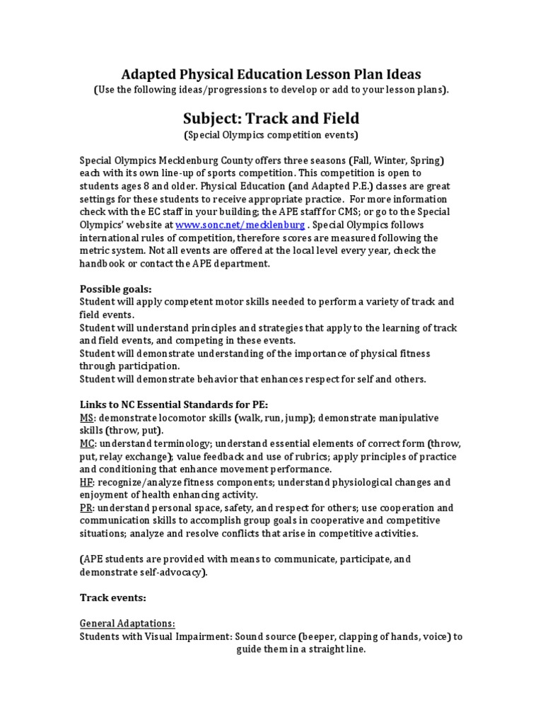 Subject: Track and Field: Adapted Physical Education Lesson Plan Ideas ...