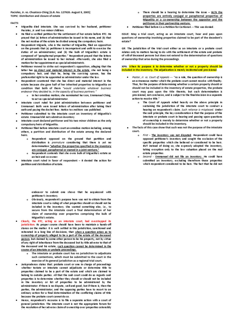 Pacioles-vs-Chuatoco-Ching-Digest | PDF | Intestacy | Probate