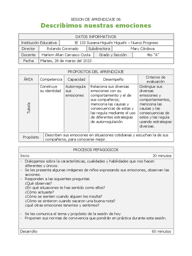 Sesion de Aprendizaje Las Emociones | PDF | Las emociones | Aprendizaje