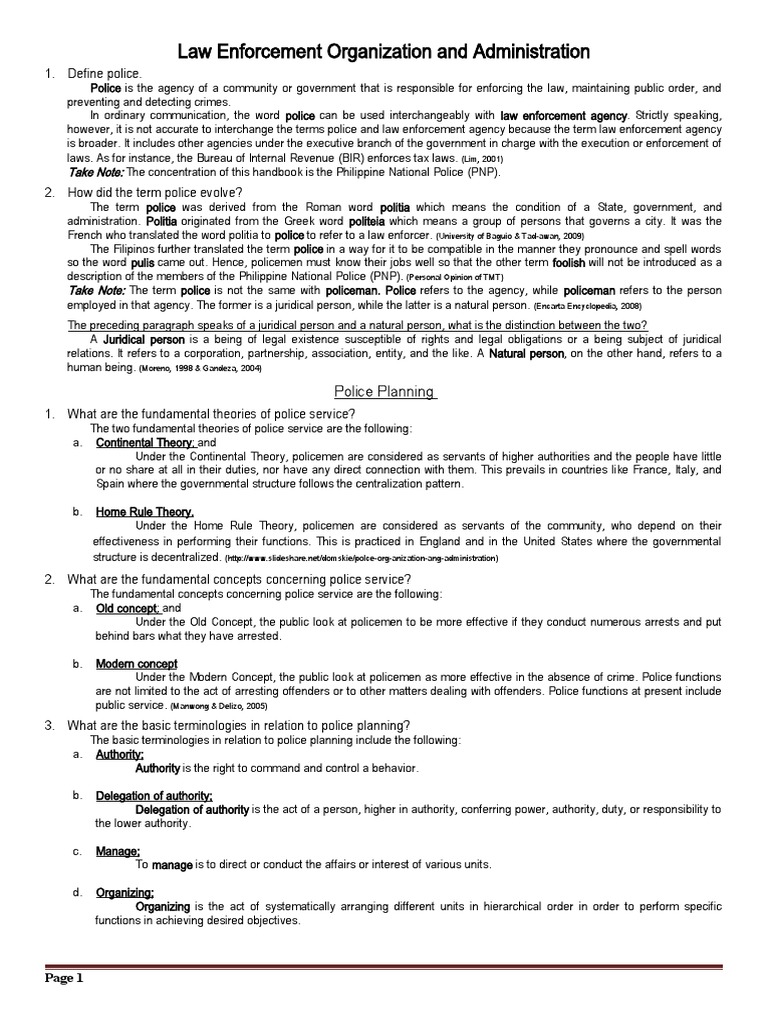 Law Enforcement Organization and Administration: 1. Define Police | PDF ...