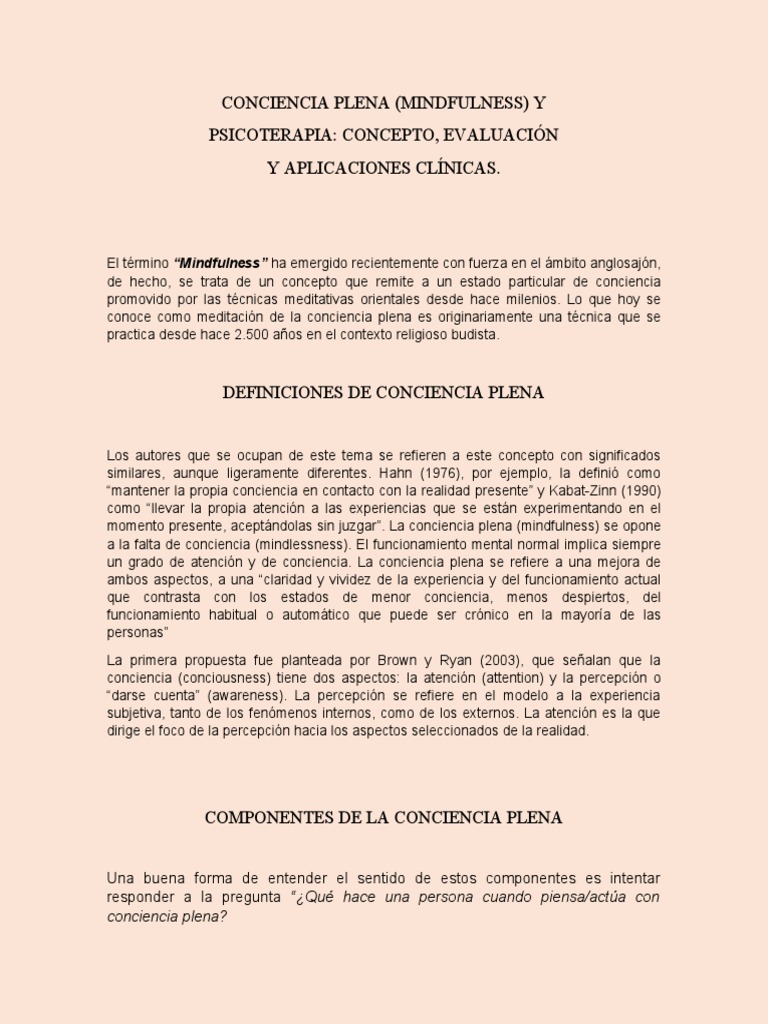 Conciencia Plena (Mindfulness) Y Psicoterapia: Concepto, Evaluación Y ...