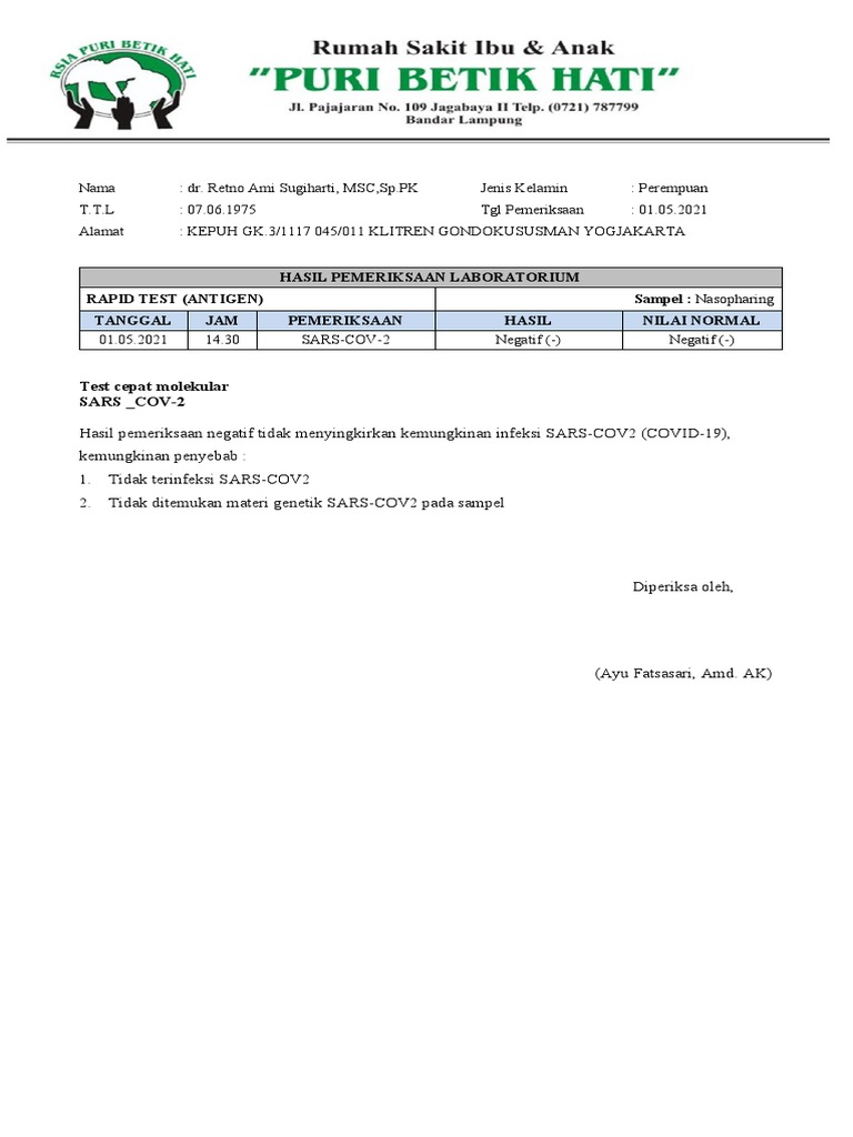 Hasil Rapid Test COVID-19 Negatif | PDF