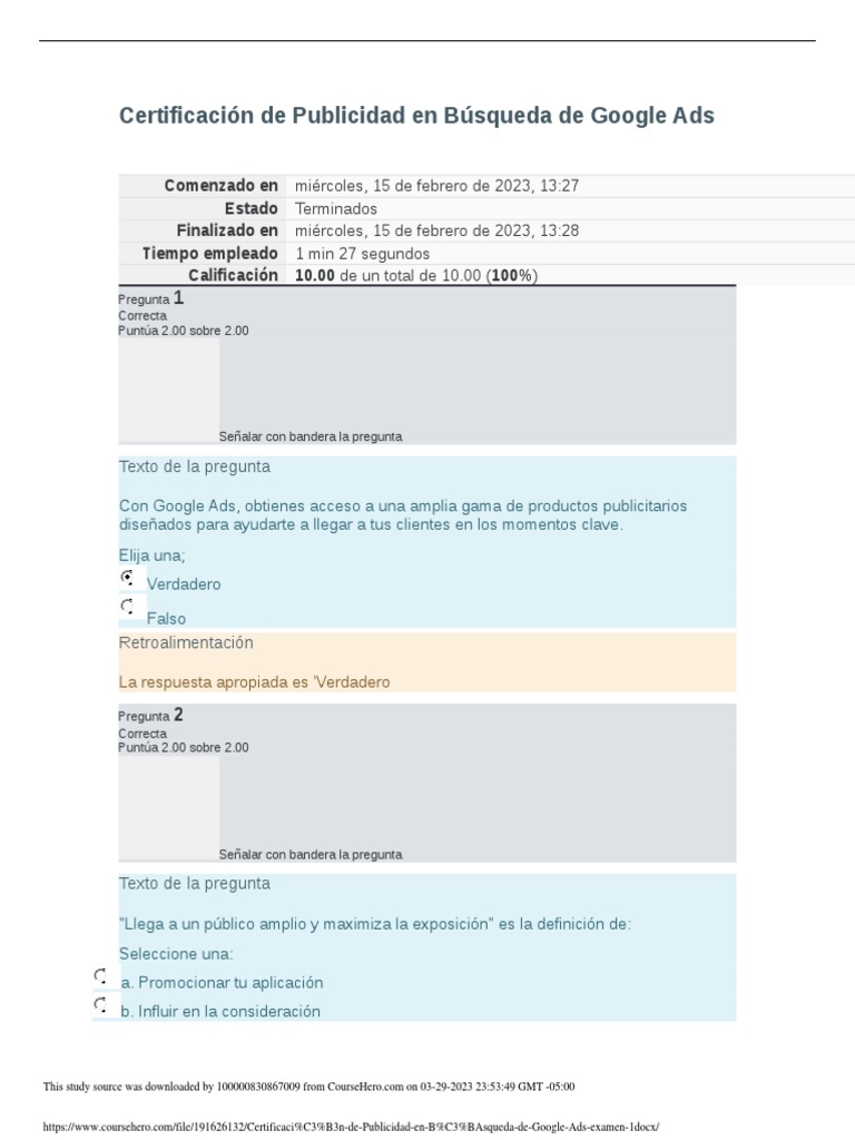 Certificaci N de Publicidad en B Squeda de Google Ads Examen 1 | PDF | Red mundial | Internet y web