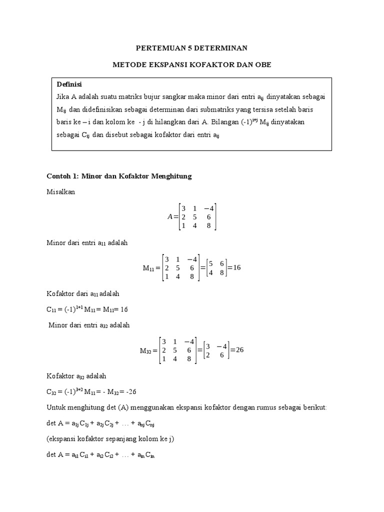Pertemuan 5 Determinan Metode Ekspansi Kofaktor Dan Obe | PDF