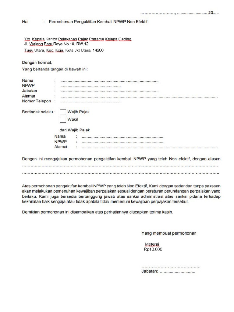 Surat Pernyataan Permohonan Pengaktifan Kembali Wajib Pajak Non Efektif ...