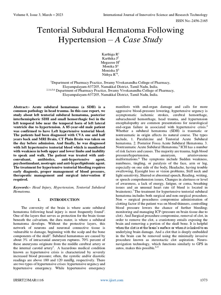 Tentorial Subdural Hematoma Following Hypertension - A Case Study | PDF | Hypertension ...