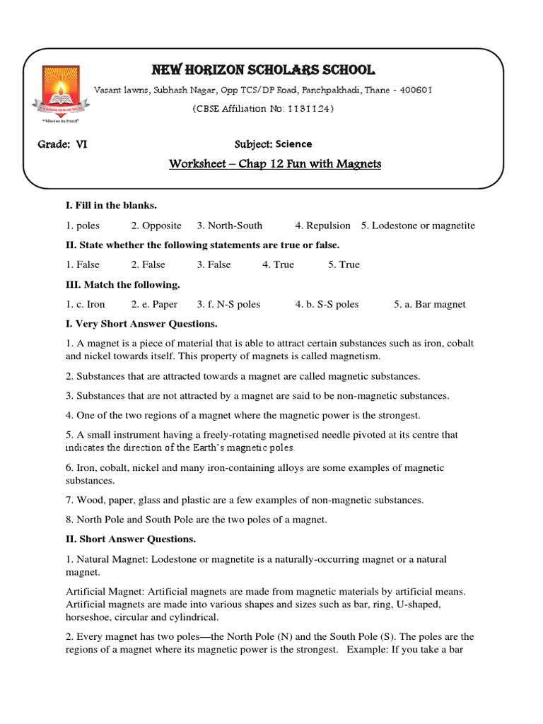Worksheet 1 - Answer Key Fun With Magnets Science | PDF | Magnet ...