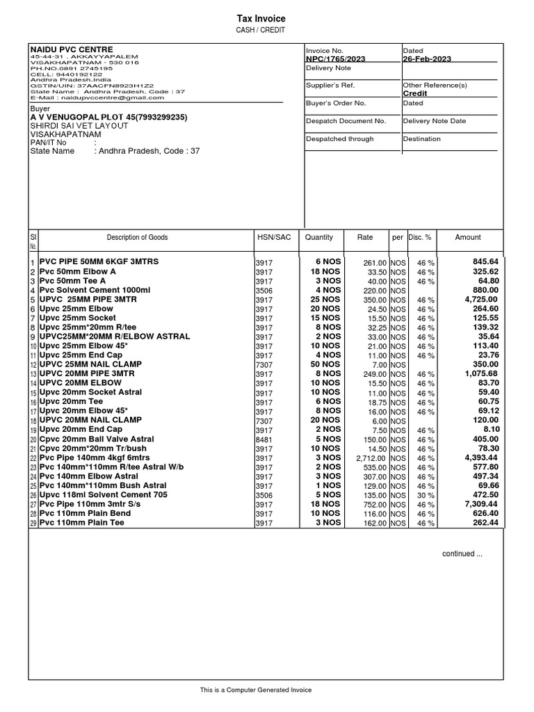 Itemized Invoice for PVC Pipes and Fittings | PDF | Invoice | Polyvinyl Chloride