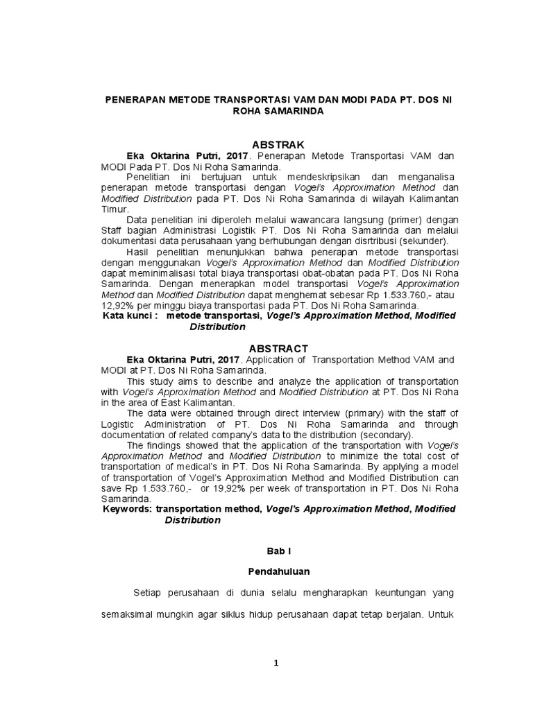 Abstrak: Modified Distribution Pada PT. Dos Ni Roha Samarinda Di ...