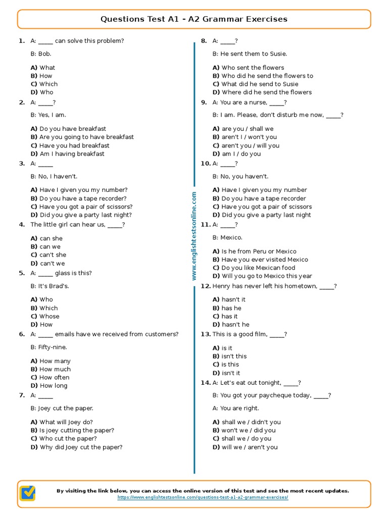 Questions Test A1 - A2 Grammar Exercises | PDF