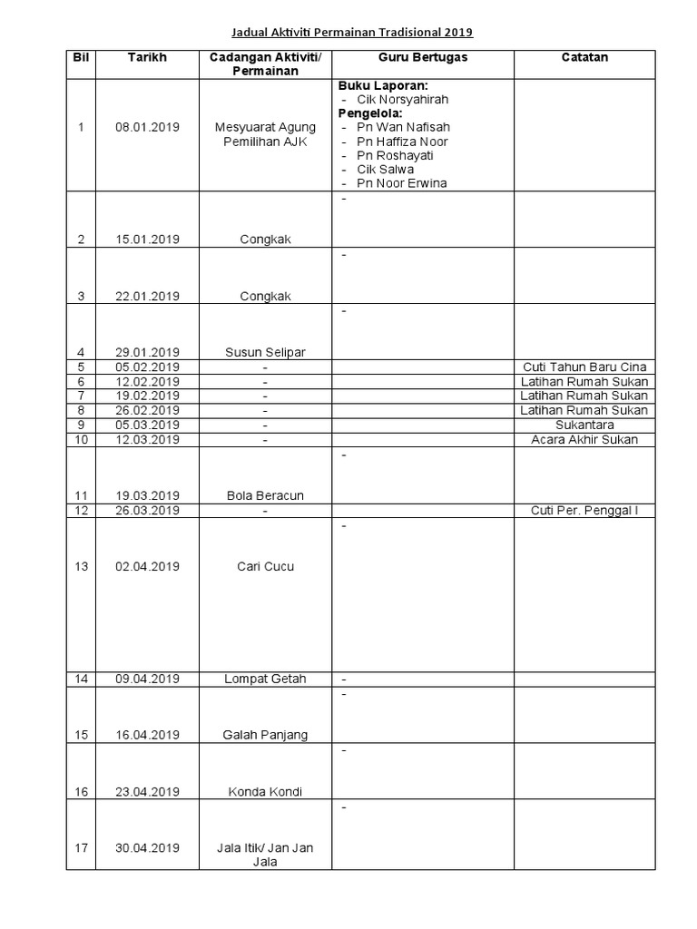 Jadual Giliran Permainan Tradisional | PDF