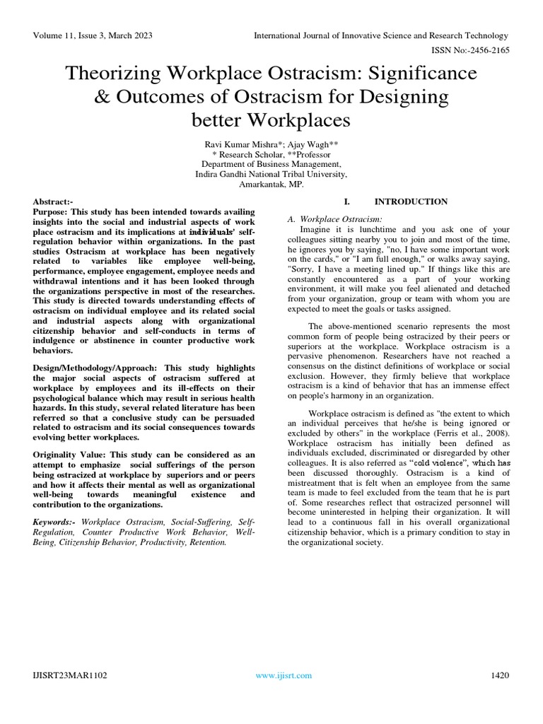 Theorizing Workplace Ostracism Significance & Outcomes of Ostracism For ...