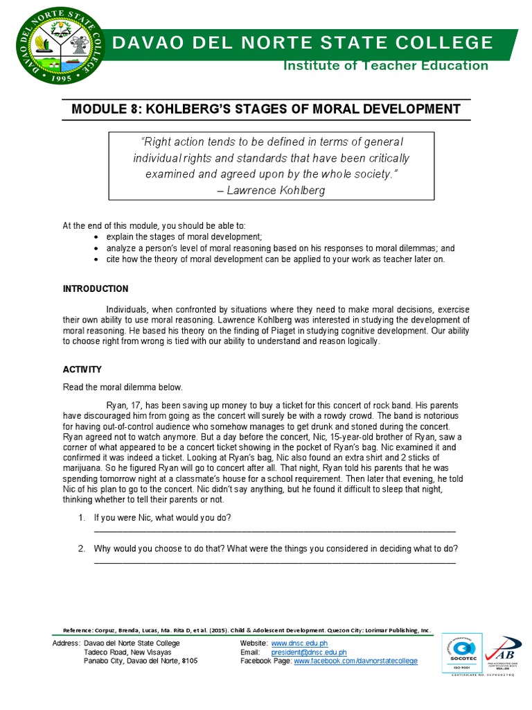 Davao Del Norte State College: Module 8: Kohlberg'S Stages of Moral ...