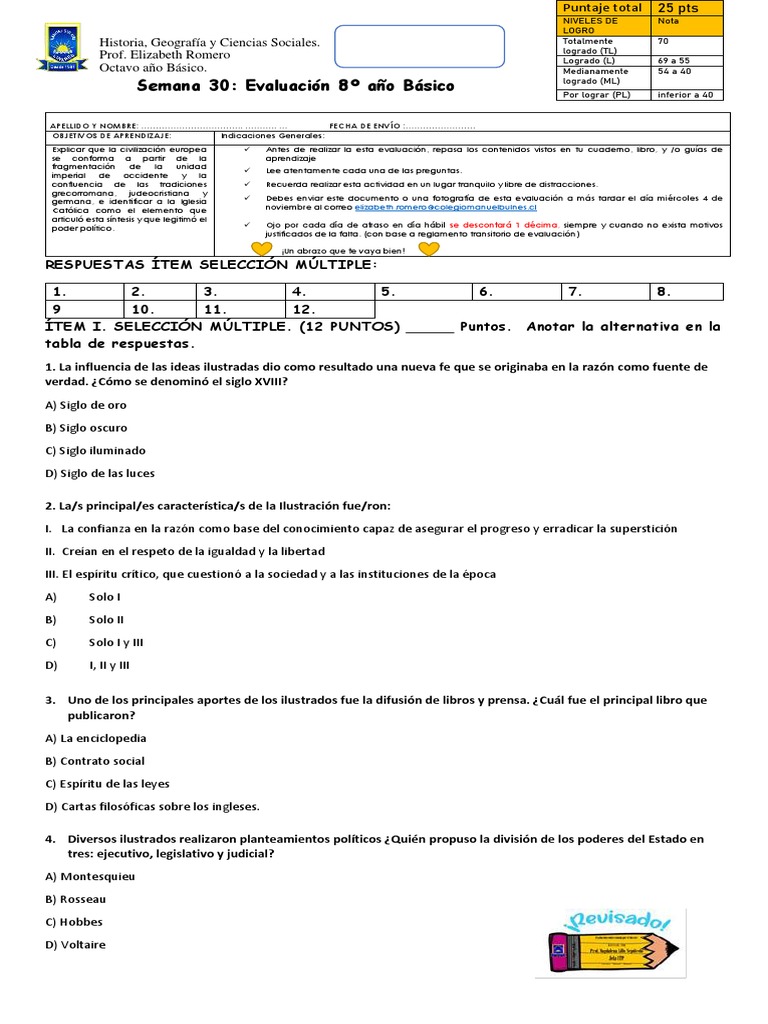 SEMANA 30 Evaluacion Octavo Año Básico 1 | PDF | Era de iluminacion | revolución Francesa