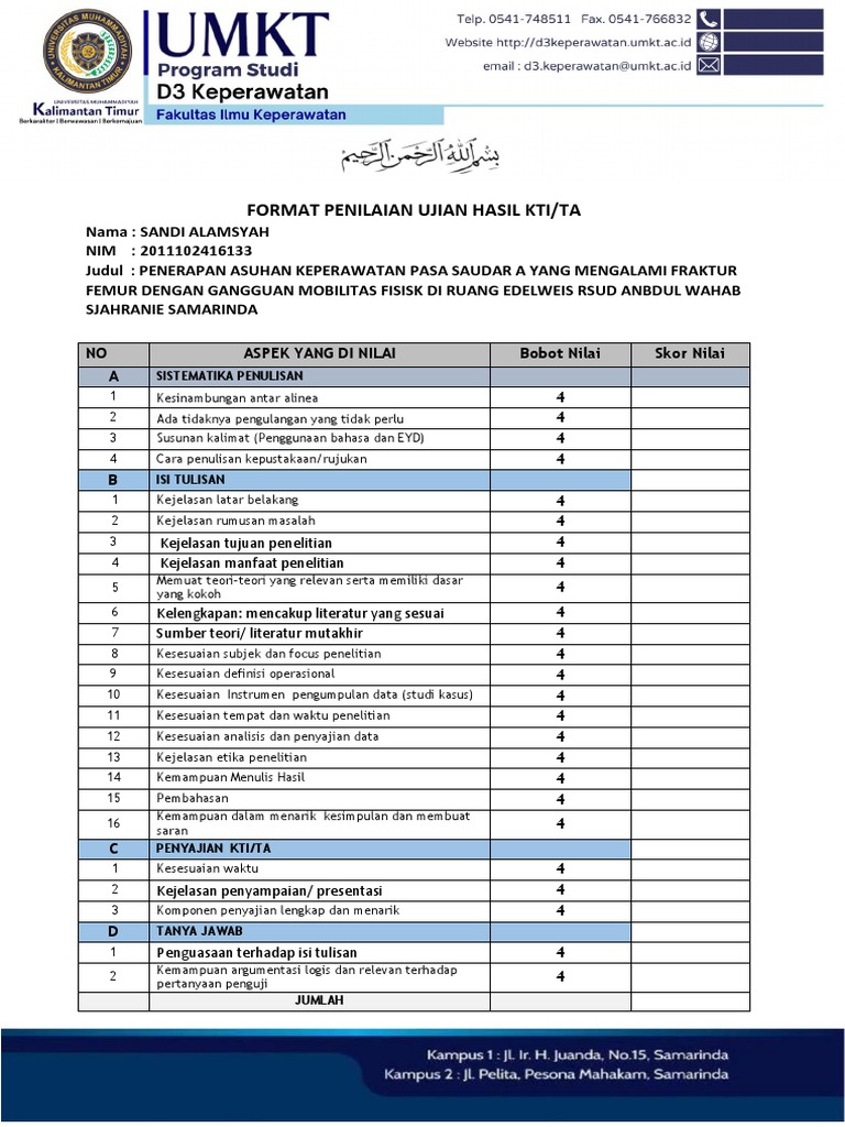 Format Penilaian Hasil KTI Penguji 2 (Studi Kasus) | PDF