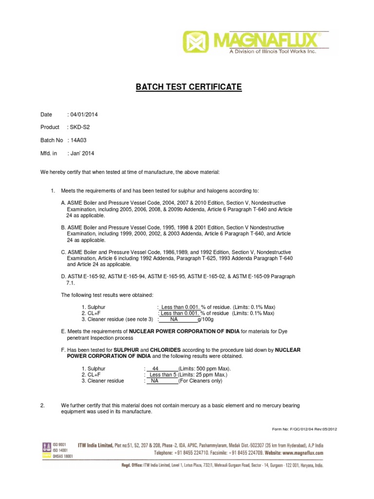 Batch Test Certificate: Date: 04/01/2014 Product: SKD-S2 Batch No ...