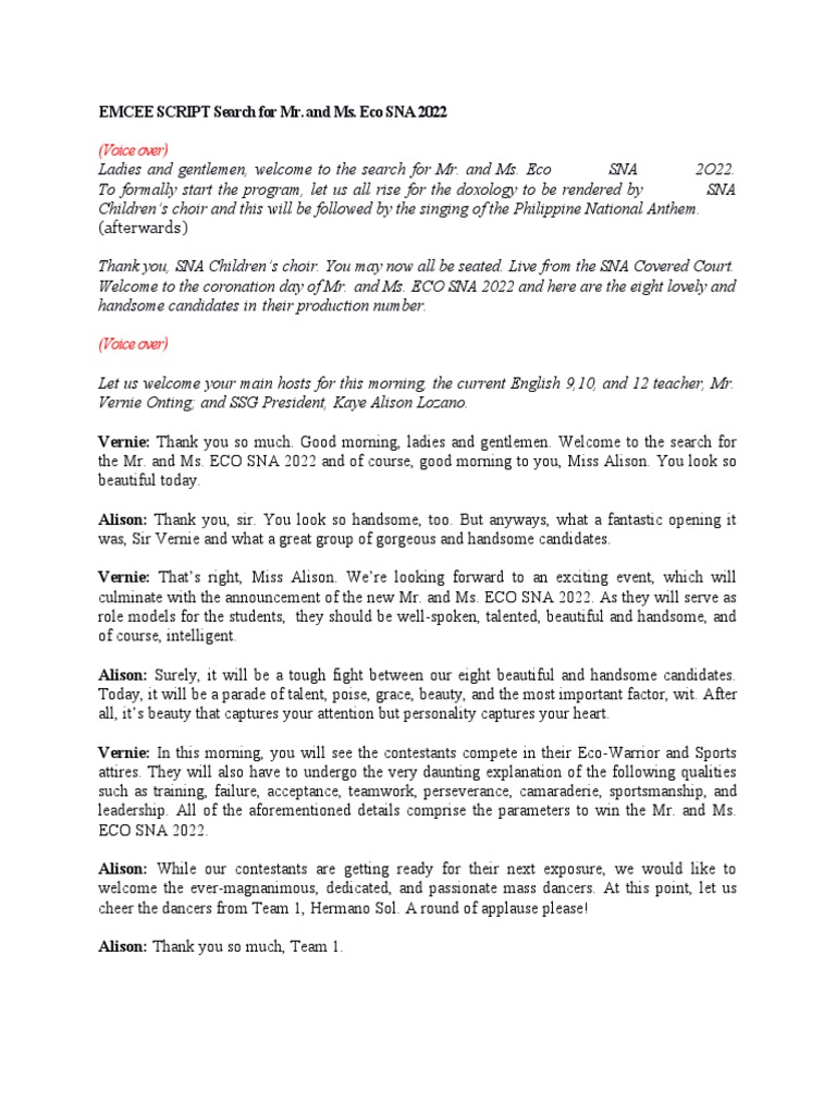 EMCEE SCRIPT Search For MR and Ms Eco SNA 2022 | PDF
