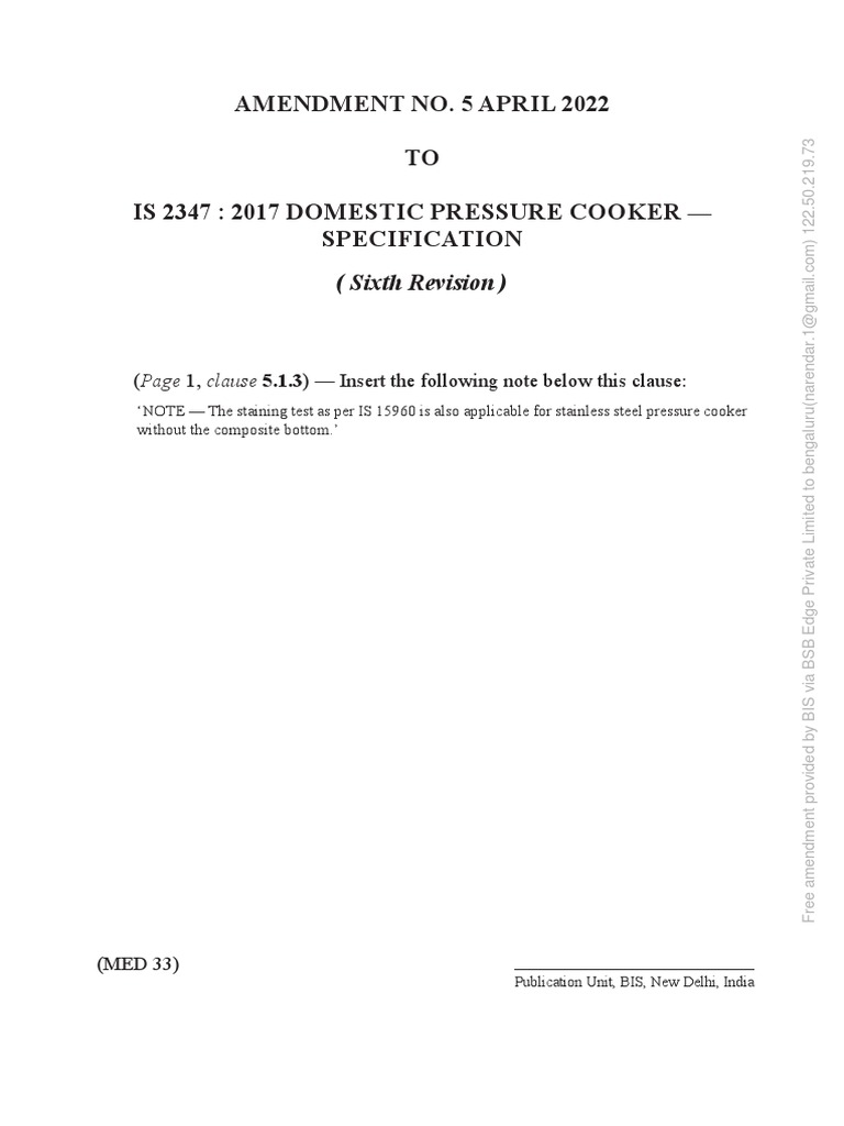 Amendment No. 5 April 2022 To Is 2347: 2017 Domestic Pressure Cooker ...