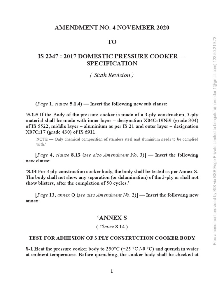 Amendment to Domestic Pressure Cooker Specification | PDF | Plywood ...