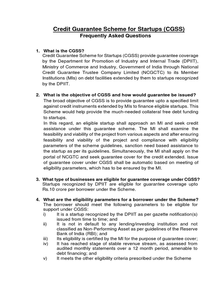 Credit Guarantee Scheme For Startups (CGSS) | PDF | Line Of Credit ...