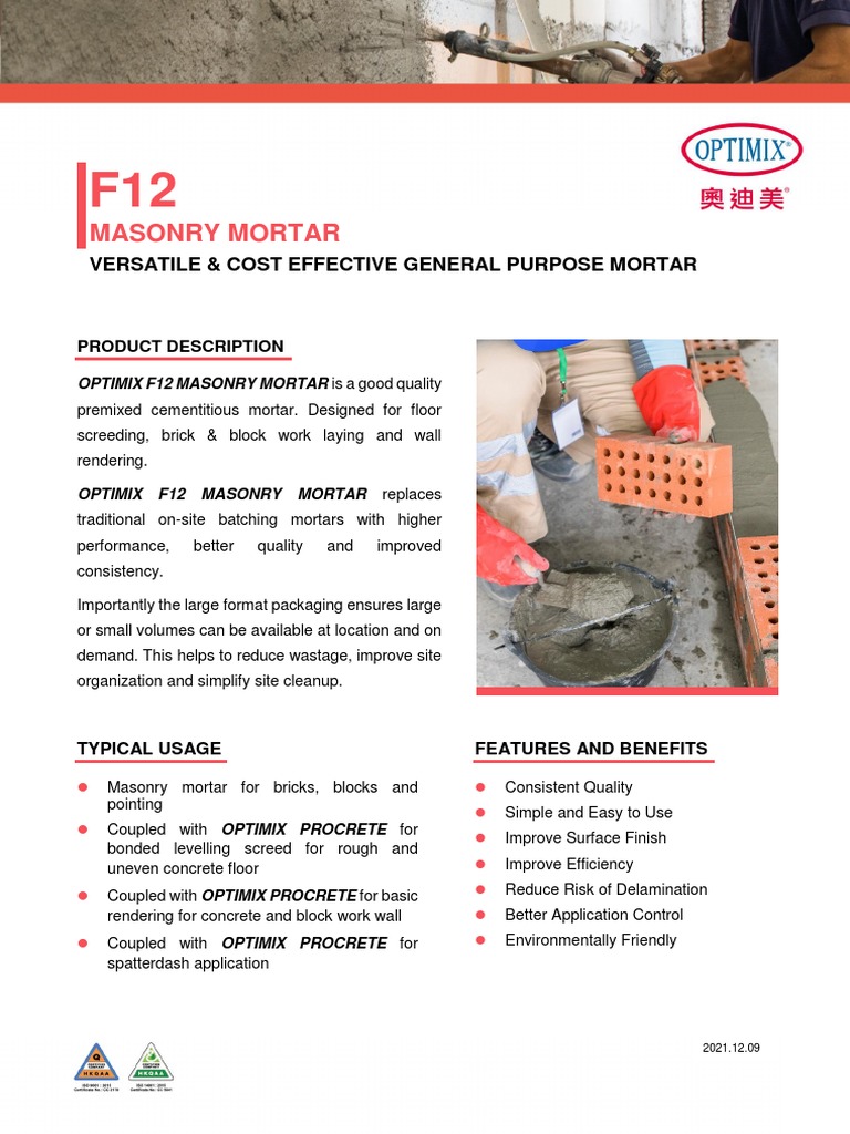 Optimix F12 Masonry Mortar Overview | PDF | Concrete | Masonry