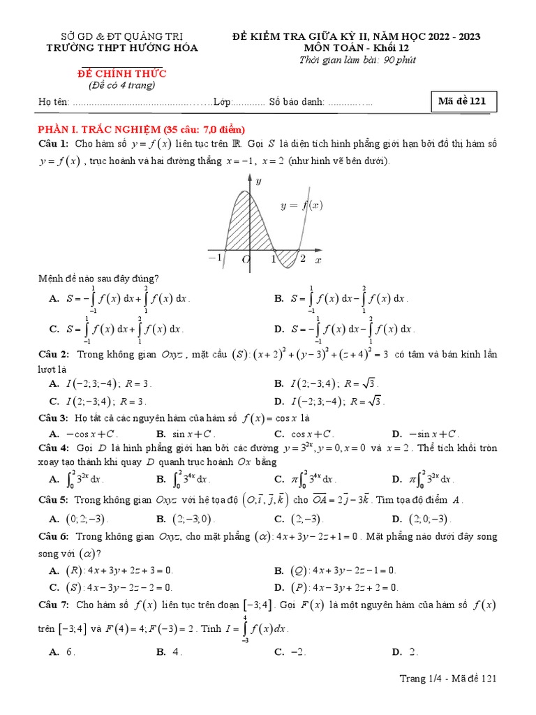 De Giua Ky 2 Toan 12 Nam 2022 2023 Truong THPT Huong Hoa Quang Tri | PDF