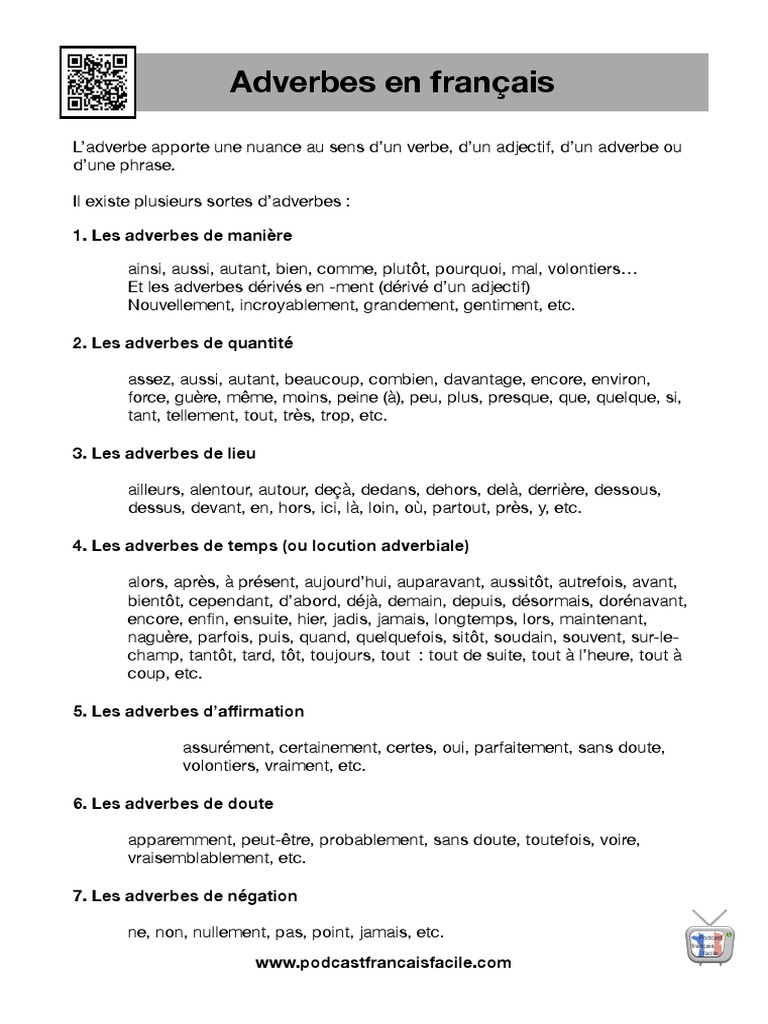 Les types d'adverbes en français | PDF