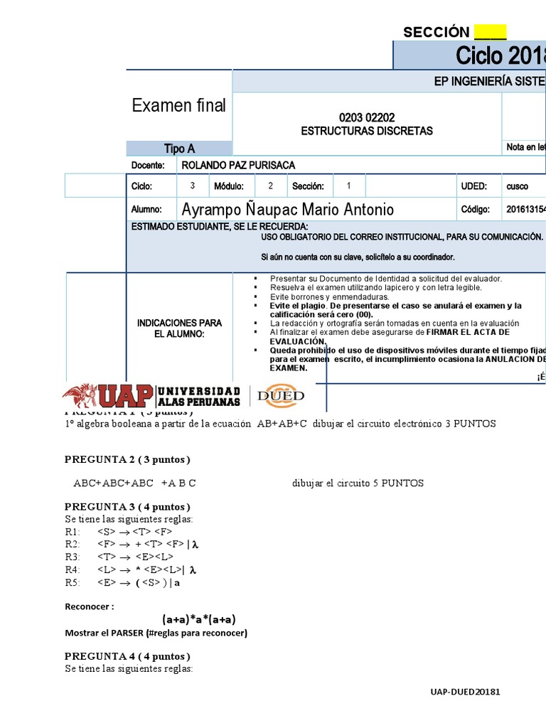 Examen Final - Estructuras Discretas | PDF | Teoría de grafos | Vértice ...