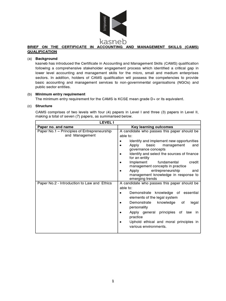 Brief On The Certificate in Accounting and Management Skills (Cams ...