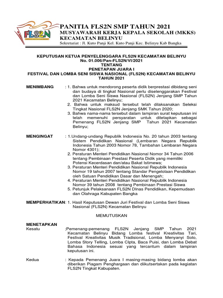 Penetapan Juara FLS2N Belinyu 2021 | PDF