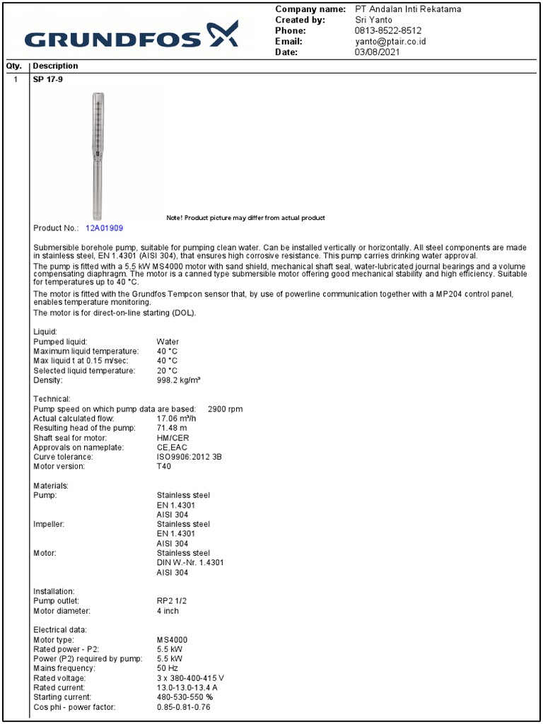 Product Specification Sheet for a Submersible Borehole Pump | PDF ...