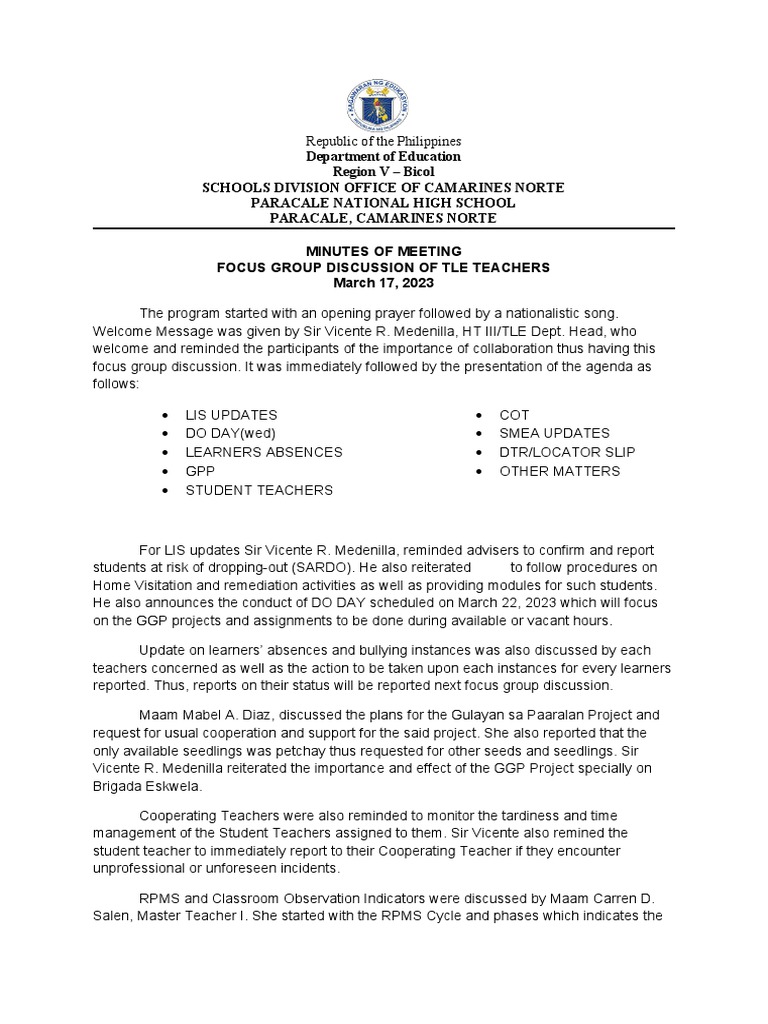 FGD Minutes | PDF | Teachers | Learning