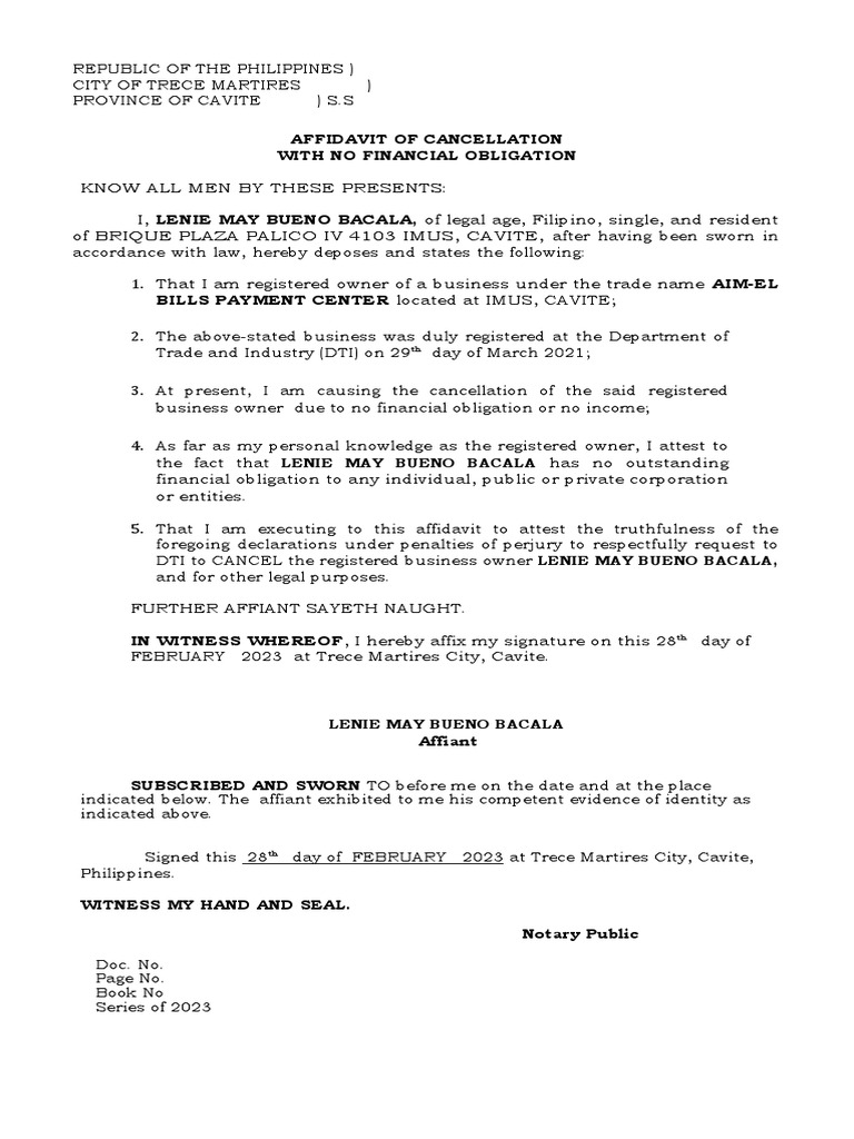 Affidavit of Cancellation DTI | PDF | Law