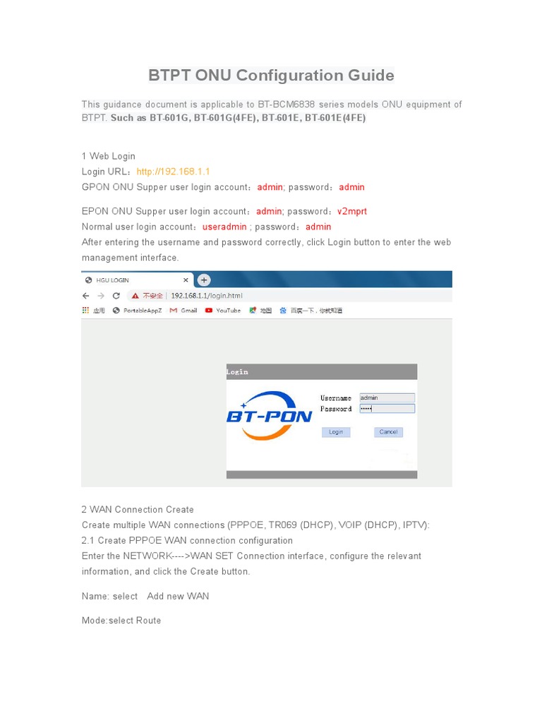 BTPT ONU Configuration Guide: This Guidance Document Is Applicable To BT-BCM6838 Series Models ...