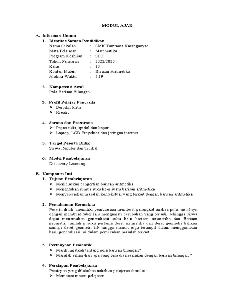 Modul Ajar-Barisan Aritmetika | PDF