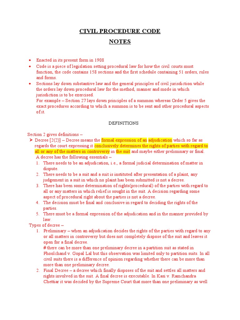 CIBIL PROCEDURE CODE Notes | PDF | Judgment (Law) | Decree