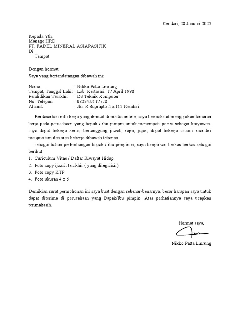 Surat Lamaran Kerja Nikko | PDF