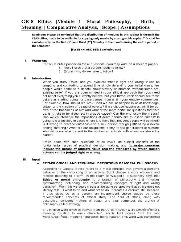 GE-8 Ethics - Module 1 - Moral Philosophy, - Birth, - Meaning, - Comparative Analysis, - Scope ...