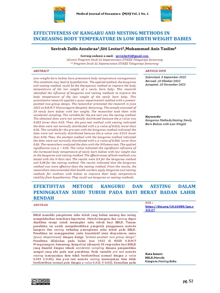 Effectiveness of Kangaru and Nesting Methods in Increasing Body Temperature in Low Birth Weight ...